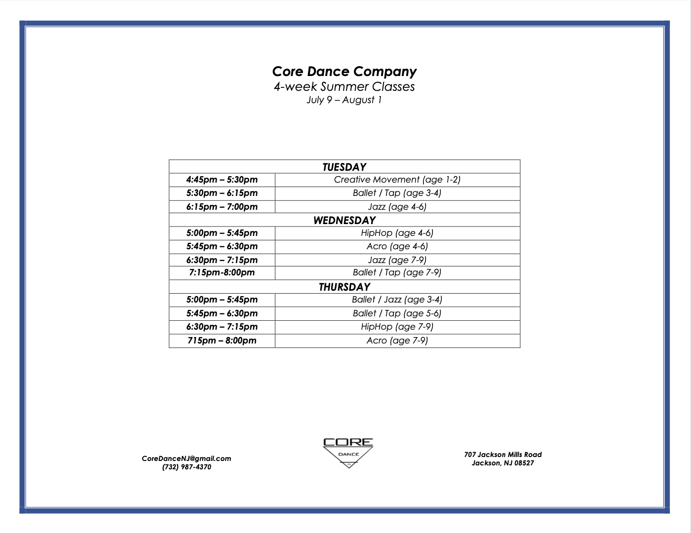 Schedule — Core Dance Company